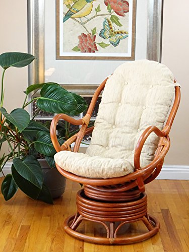 Lounge Swivel Rocking Java Chair Natural Handmade Rattan Wicker with Cream Cushion, Cognac