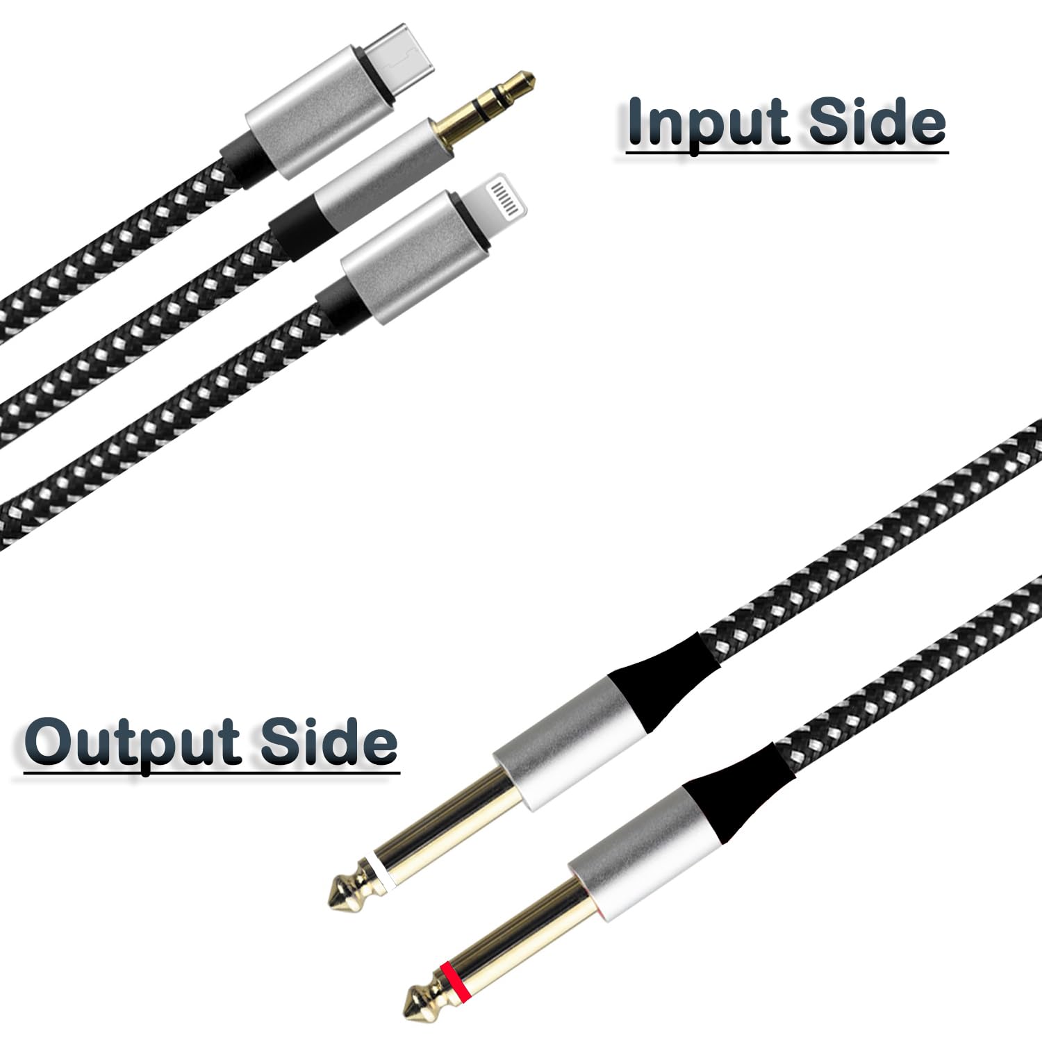 Meamaz 4.26FT MFi Certified Lightning to 1/4 Inch Audio Adapter Cable, Within 1/4 to USB C, AUX to TS Adapter, 3-in-1 Stereo 1/4 Cable for Headphone AMP(Compatible with iPhone)