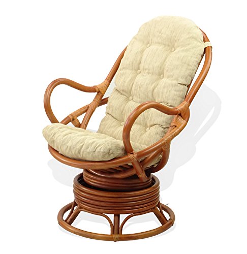 Lounge Swivel Rocking Java Chair Natural Handmade Rattan Wicker with Cream Cushion, Cognac