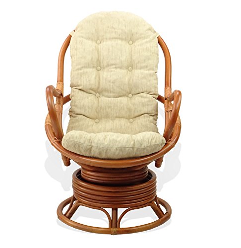 Lounge Swivel Rocking Java Chair Natural Handmade Rattan Wicker with Cream Cushion, Cognac