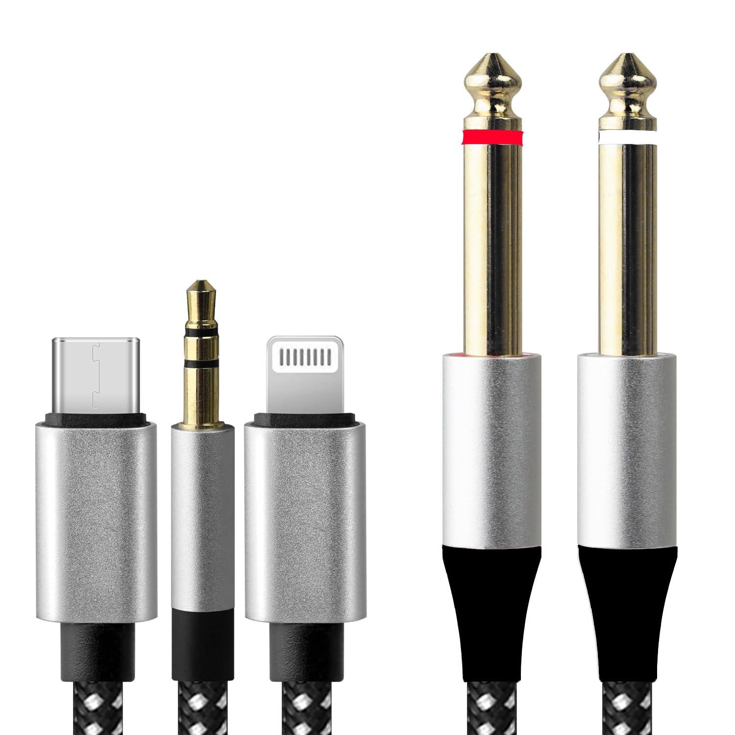 Meamaz 4.26FT MFi Certified Lightning to 1/4 Inch Audio Adapter Cable, Within 1/4 to USB C, AUX to TS Adapter, 3-in-1 Stereo 1/4 Cable for Headphone AMP(Compatible with iPhone)