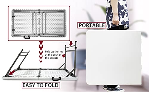 HYMnature Folding Tables 4 Foot Lightweight, Folding Table Height Adjustable Utility Bi-Fold Table Indoor Outdoor, Portable Plastic Picnic Chrismas Party Dining Camping Tables(White)
