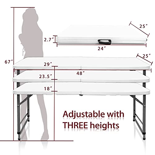 HYMnature Folding Tables 4 Foot Lightweight, Folding Table Height Adjustable Utility Bi-Fold Table Indoor Outdoor, Portable Plastic Picnic Chrismas Party Dining Camping Tables(White)