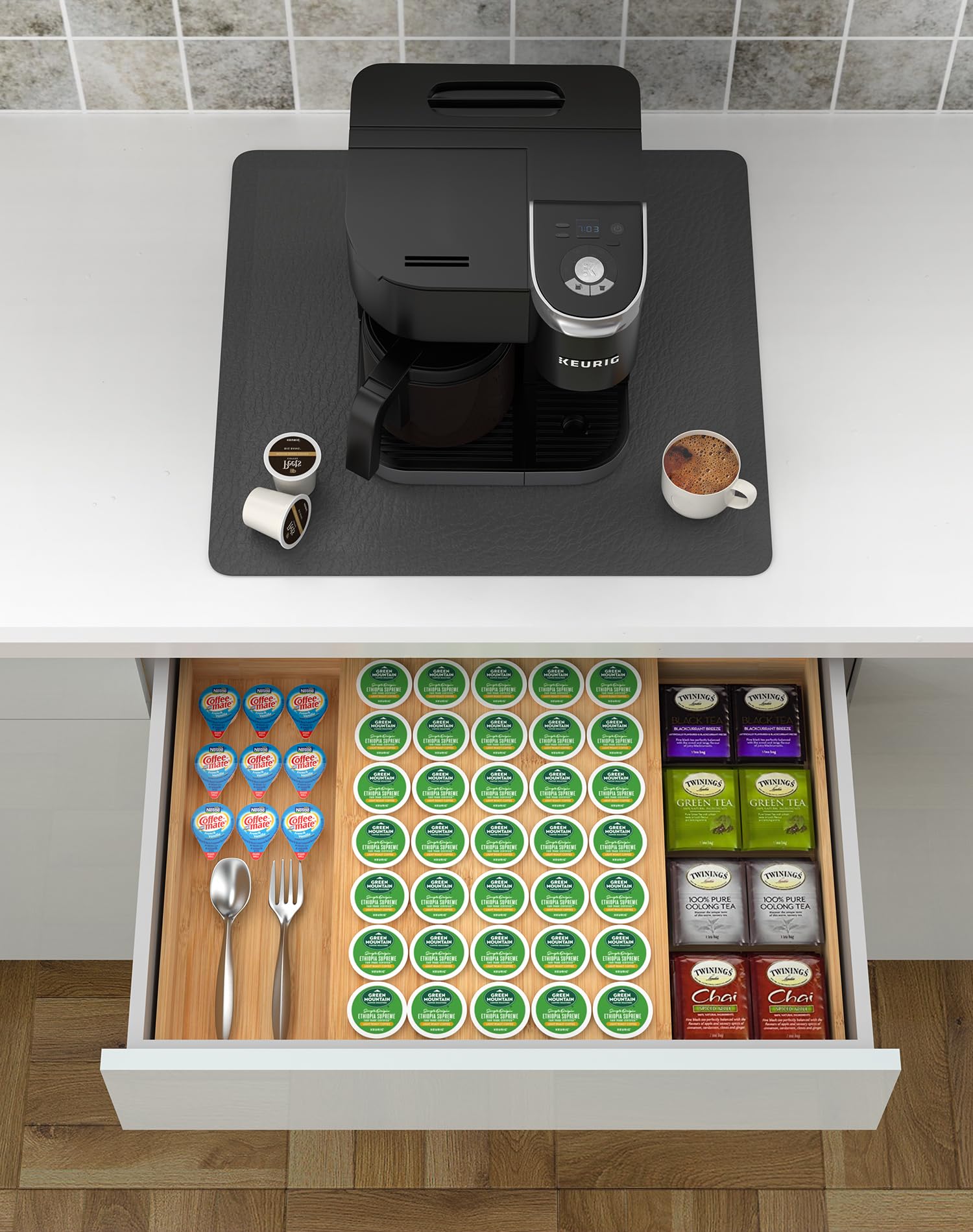 WELL WENG Larger Expandable Bamboo Coffee Pod Holder for Counter Drawer - Compatible with K-Cup Pods - Tea Bags Storage (Natural)