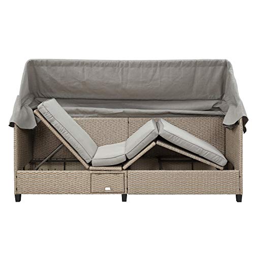Danxee 4 Piece UV-Proof Resin Outdoor Sectional Sofa Set Patio Rattan Daybed with Retractable Canopy, Wicker Patio Sofa Set with Cushions, Pillows, and Lifting Table