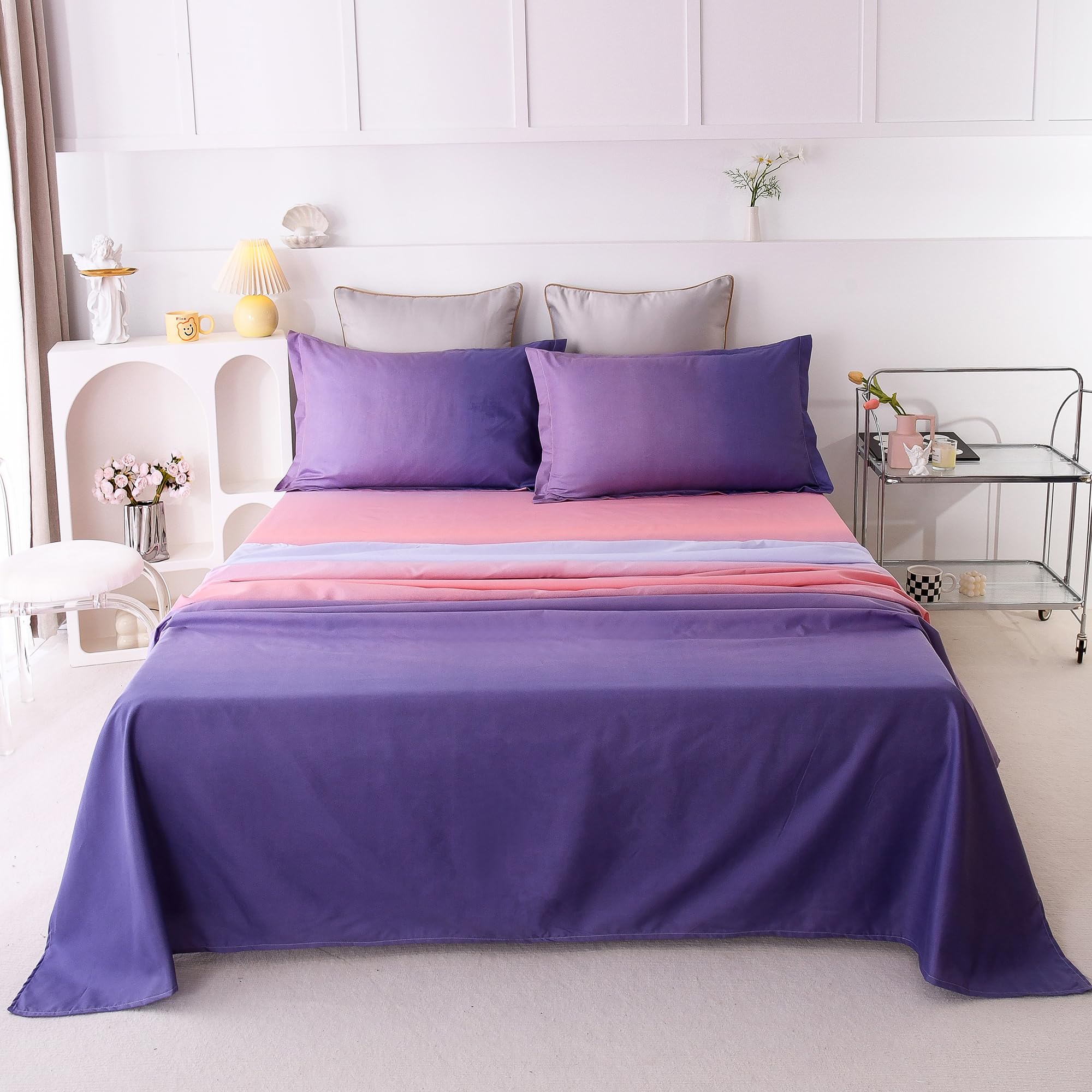 Mengersi Gradient Sheet Set,Purple Pink Fitted Sheet,Flat Sheet,Pillowcases, Extra Soft - Deep Pockets - Easy Fit - 4 Piece Set,Full Size (FS638sheet set)