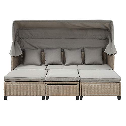 Danxee 4 Piece UV-Proof Resin Outdoor Sectional Sofa Set Patio Rattan Daybed with Retractable Canopy, Wicker Patio Sofa Set with Cushions, Pillows, and Lifting Table