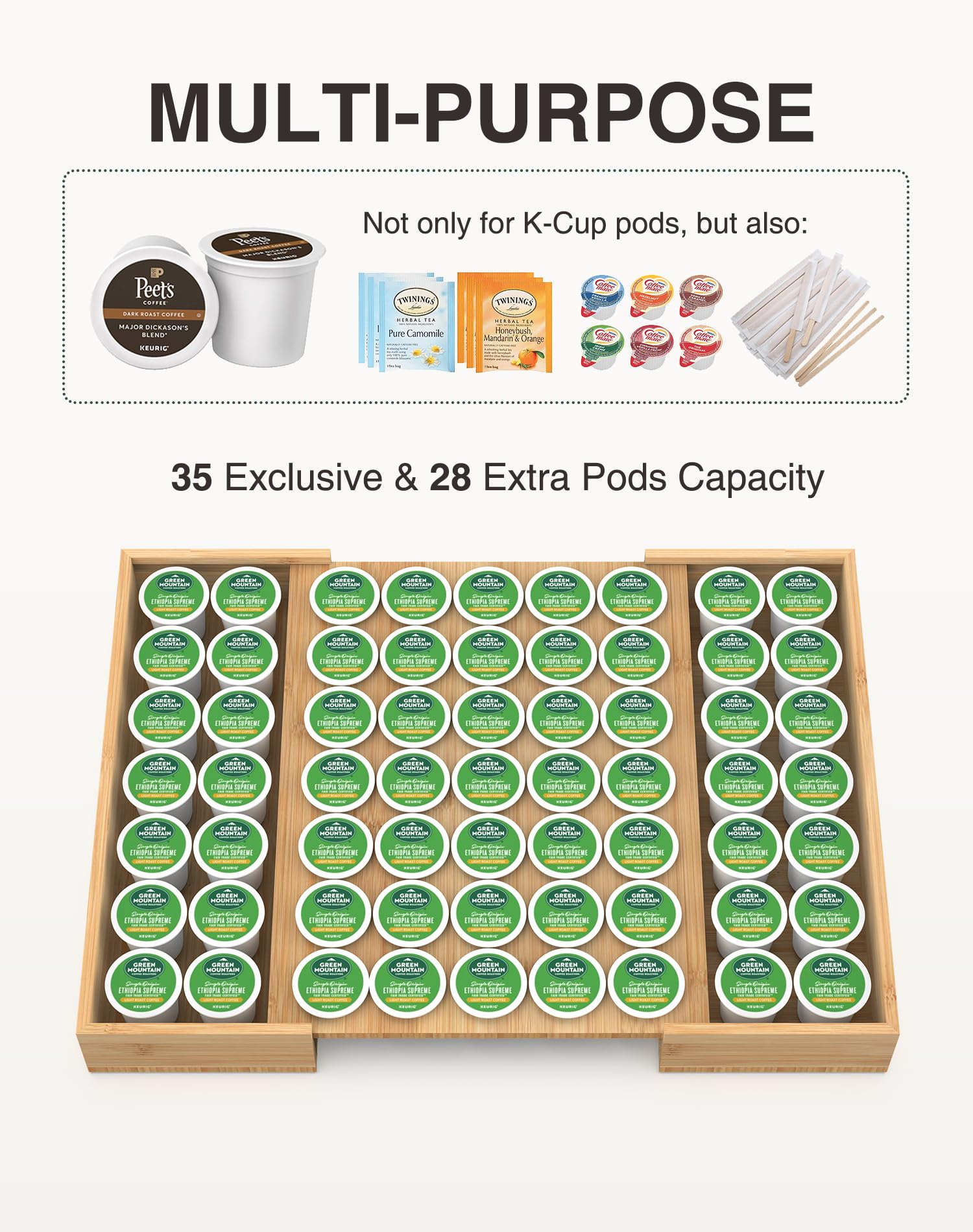 WELL WENG Larger Expandable Bamboo Coffee Pod Holder for Counter Drawer - Compatible with K-Cup Pods - Tea Bags Storage (Natural)
