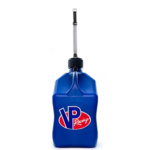 VP Racing Fuels 5 Gallon Square Motorsport Utility Jug Blue w/ 14 Inch Standard Hose. Features Close-Trimmed Cap and Neck for Tight Seal