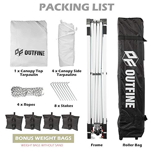 OUTFINE Canopy 10'x10' Pop Up Commercial Instant Gazebo Tent, Fully Waterproof, Outdoor Party Canopies with 4 Removable Sidewalls, Stakes x8, Ropes x4 (White, 10*10FT)