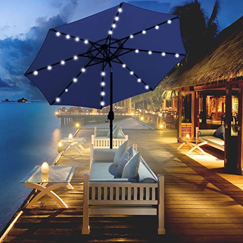 Blissun 9 ft Solar Umbrella 32 LED Lighted Patio Umbrella Table Market Umbrella with Tilt and Crank Outdoor Umbrella for Garden, Deck, Backyard, Pool and Beach (Navy Blue)
