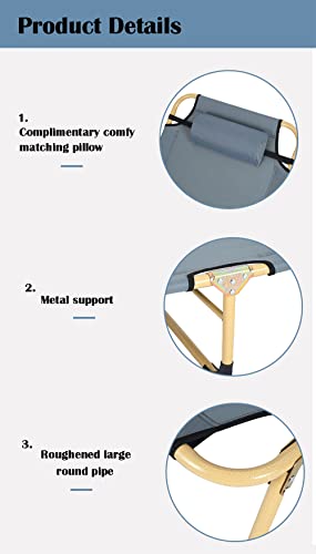 YourGrace Outdoor Folding Chaise Lounge Chair, Lightweight Camping Reclining Chair with Pillow, Cot, Adjustable Sunbathing Recliner for Patio, Beach, Deck, Tanning, L67.72 W21.65 H10.63