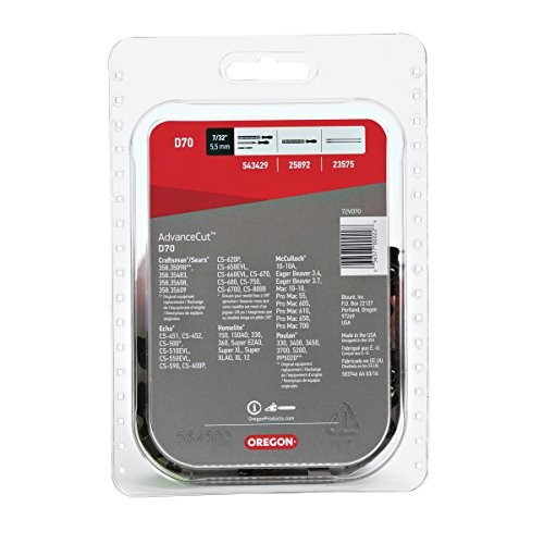 Oregon D70 AdvanceCut Chainsaw Chain for 20-Inch Bar β 70 Drive Links, Replacement Low-Kickback Chainsaw Blade, .050 Inch Gauge, 3/8 Inch Pitch, fits Several Poulan Pro & Echo Models (D70)