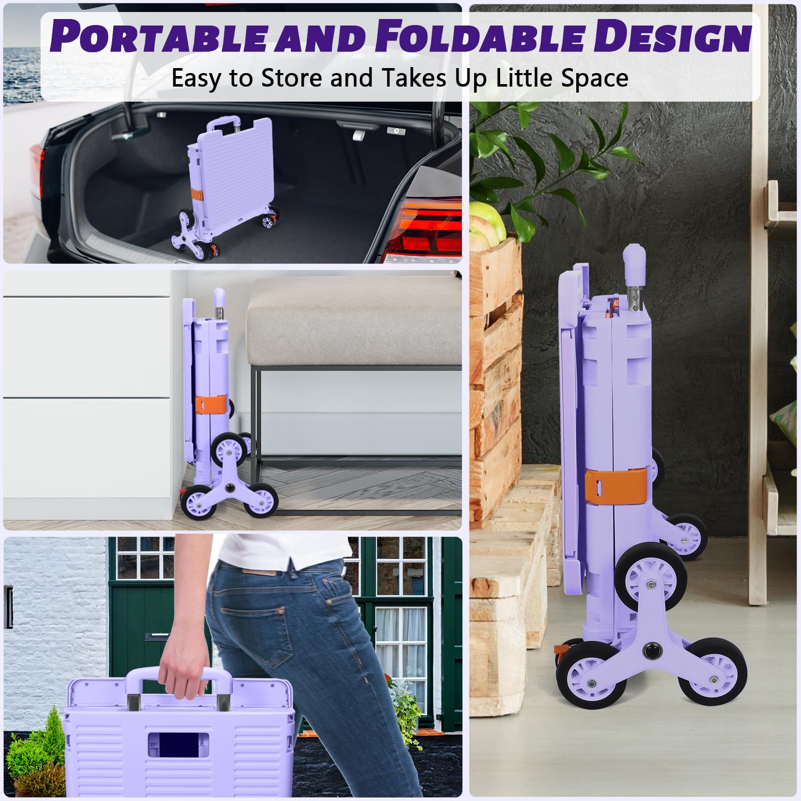 Foldable Utility Cart Collapsible Portable Crate Rolling Carts with Stair Climbing Wheels Tote Basket with Magnetic Lid Telescopic Cover Wear-Resistant 360°Rotate Wheel Noiseless for Shopping Office
