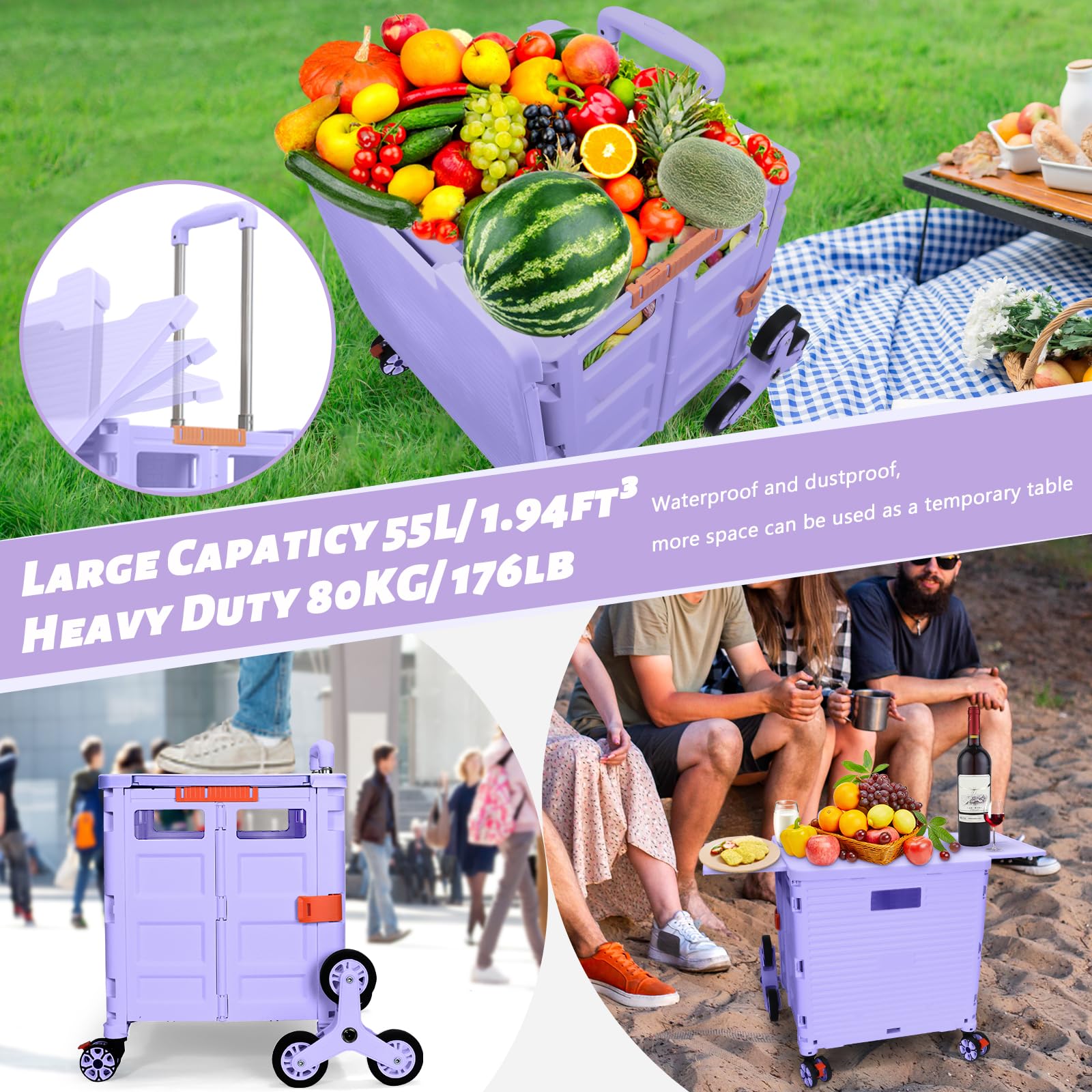Foldable Utility Cart Collapsible Portable Crate Rolling Carts with Stair Climbing Wheels Tote Basket with Magnetic Lid Telescopic Cover Wear-Resistant 360°Rotate Wheel Noiseless for Shopping Office