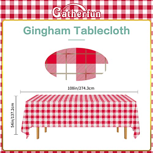 Gatherfun 3PCS Red White Gingham Rectangular Waterproof Tablecloth 54X108Inch Disposable Plastic Table Cover with Gold Stamping for Easter Picnic Barbecue Kitchen Holiday Birthday Party