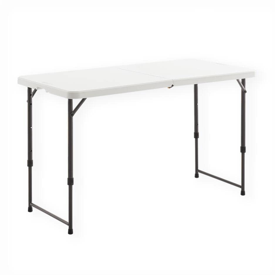 Living and More 4 Foot Height Adjustable Fold-in-Half Table with Carrying Handle, Easy Folding and Storage, Indoor Outdoor Use, White