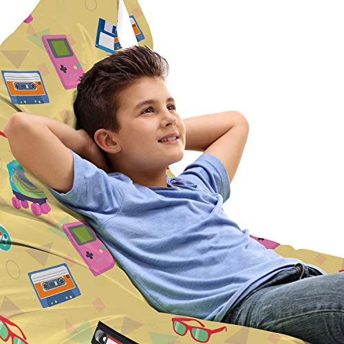 Ambesonne Retro Lounger Chair Bag, 90s Theme with Fun Entertainment Music Game Teen Motifs Memphis Art Pattern, High Capacity Storage with Handle Container, Lounger Size, Pale Yellow and Pink