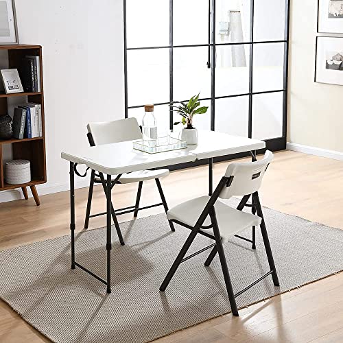 Living and More 4 Foot Height Adjustable Fold-in-Half Table with Carrying Handle, Easy Folding and Storage, Indoor Outdoor Use, White