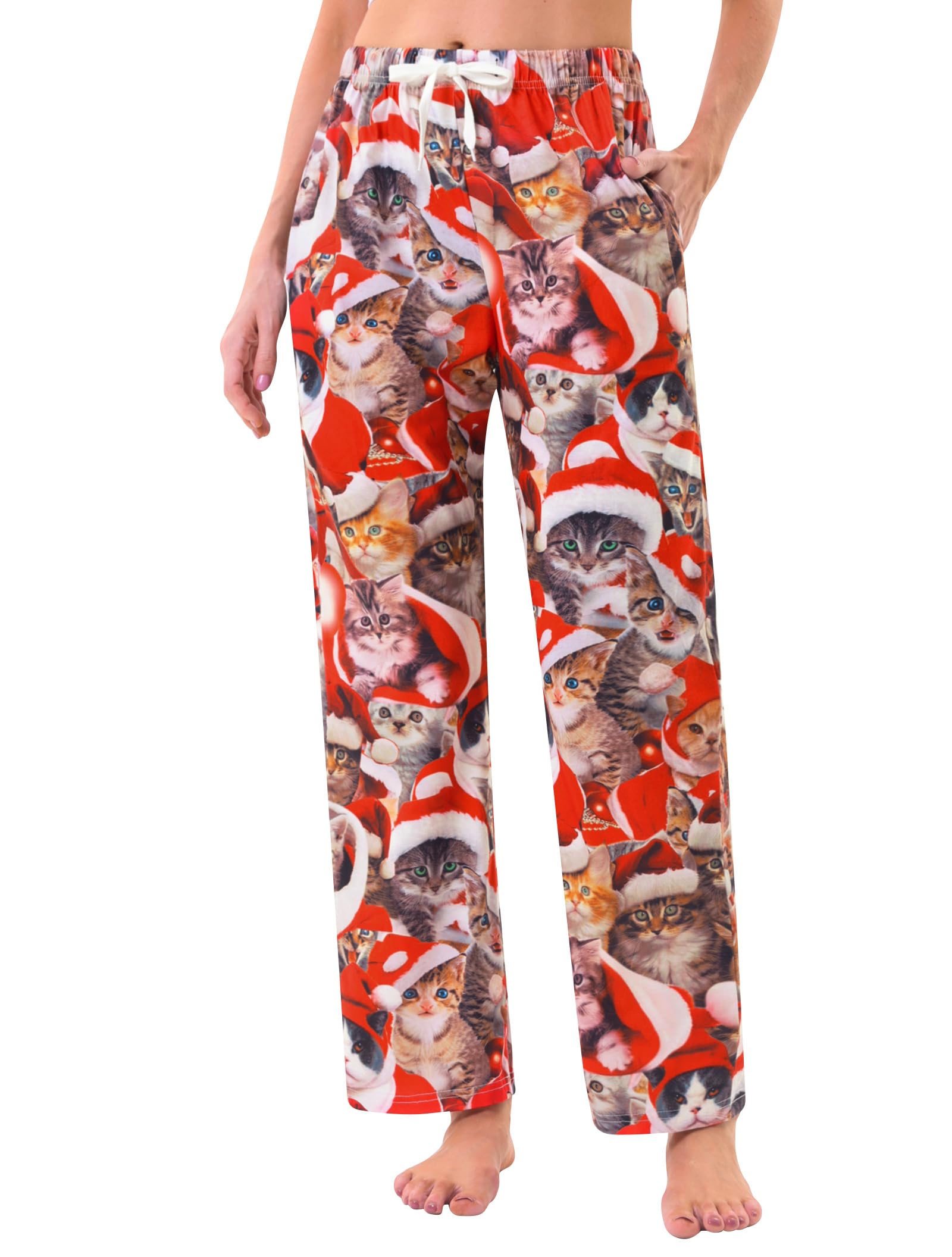 RAISEVERN Women Christmas Pajama Pants Cat Santa Hat Print Loose Ugly Xmas Sleep Bottoms Drawstring Wide Leg Pjs with Pockets Sleepwear M