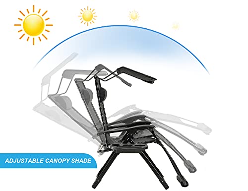 Ezcheer Oversized Zero Gravity Chair with Canopy, Support 400 lbs 31.5 inches Wide Patio Lounge Chair with Foot Rest Cushion, Folding Beach Camping Recliner Chair with Cup Holder (Black)