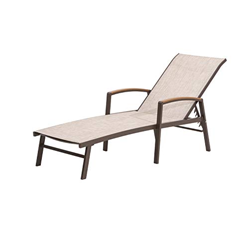 Pellebant Adjustable Aluminum Patio Chaise Lounge Chair with Polywood Arms, 5 Positions and Lay Flat, Outdoor Recliners, Easy Assembly, All Weather Furniture for Beach, Pool and Yard, 1PC, Beige