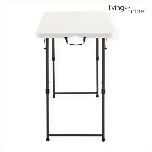 Living and More 4 Foot Height Adjustable Fold-in-Half Table with Carrying Handle, Easy Folding and Storage, Indoor Outdoor Use, White