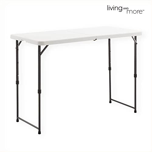 Living and More 4 Foot Height Adjustable Fold-in-Half Table with Carrying Handle, Easy Folding and Storage, Indoor Outdoor Use, White