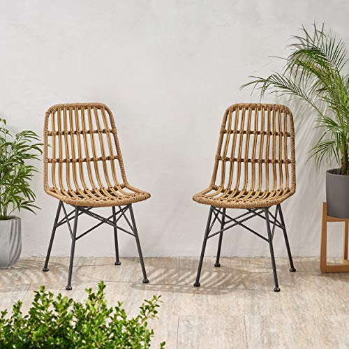 Great Deal Furniture Yilia Outdoor Wicker Dining Chair (Set of 2), Light Brown and Black