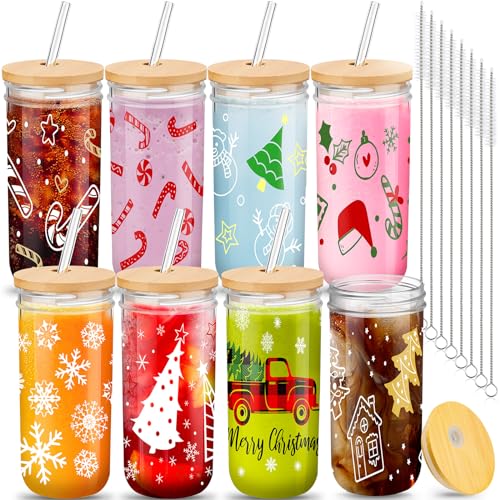 Tioncy 8 Sets Christmas Cups 24 oz Christmas Mason Jars with Lid and Straw Christmas Tumbler Drinking Glasses Coffee Cups Glassware Water Bottles Xmas Gift for Women Kids Men(Stylish)