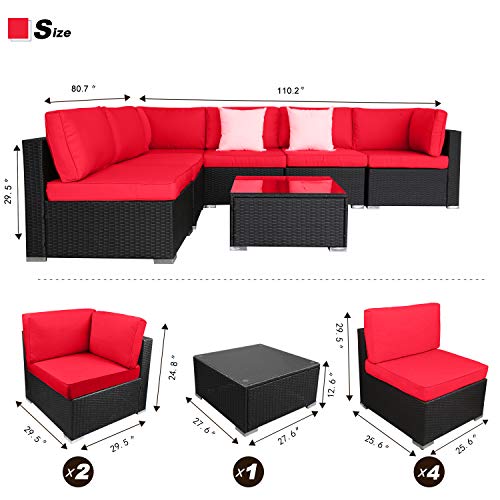 Excited Work 7 PCs Outdoor Patio Furniture Sets PE Rattan Wicker Sofa Sectional Furniture Set with 2 Pillows and Tea Table (Red)