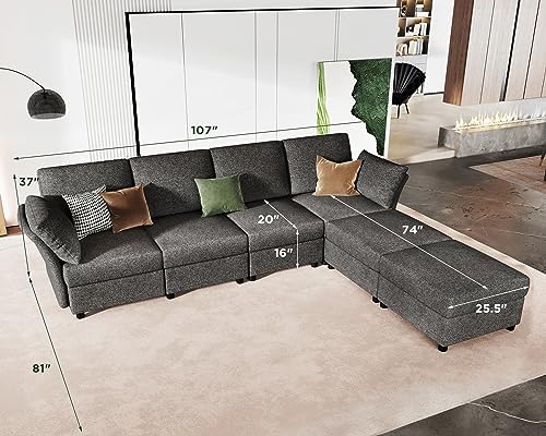VanAcc Sectional Couch, Modular Sectional Sofa, 6 Seats Sofa- U Shaped sectional with Ottomans, Reversible Sofa Couch for Living Room, Grey Chenille