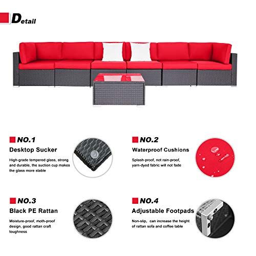 Excited Work 7 PCs Outdoor Patio Furniture Sets PE Rattan Wicker Sofa Sectional Furniture Set with 2 Pillows and Tea Table (Red)