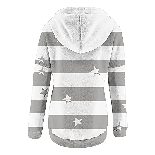 Women Casual Pullover Hoodies Sweatshirt Plus Size Button Down Drawstring Loose Long Sleeve Striped Top with Pockets Gray