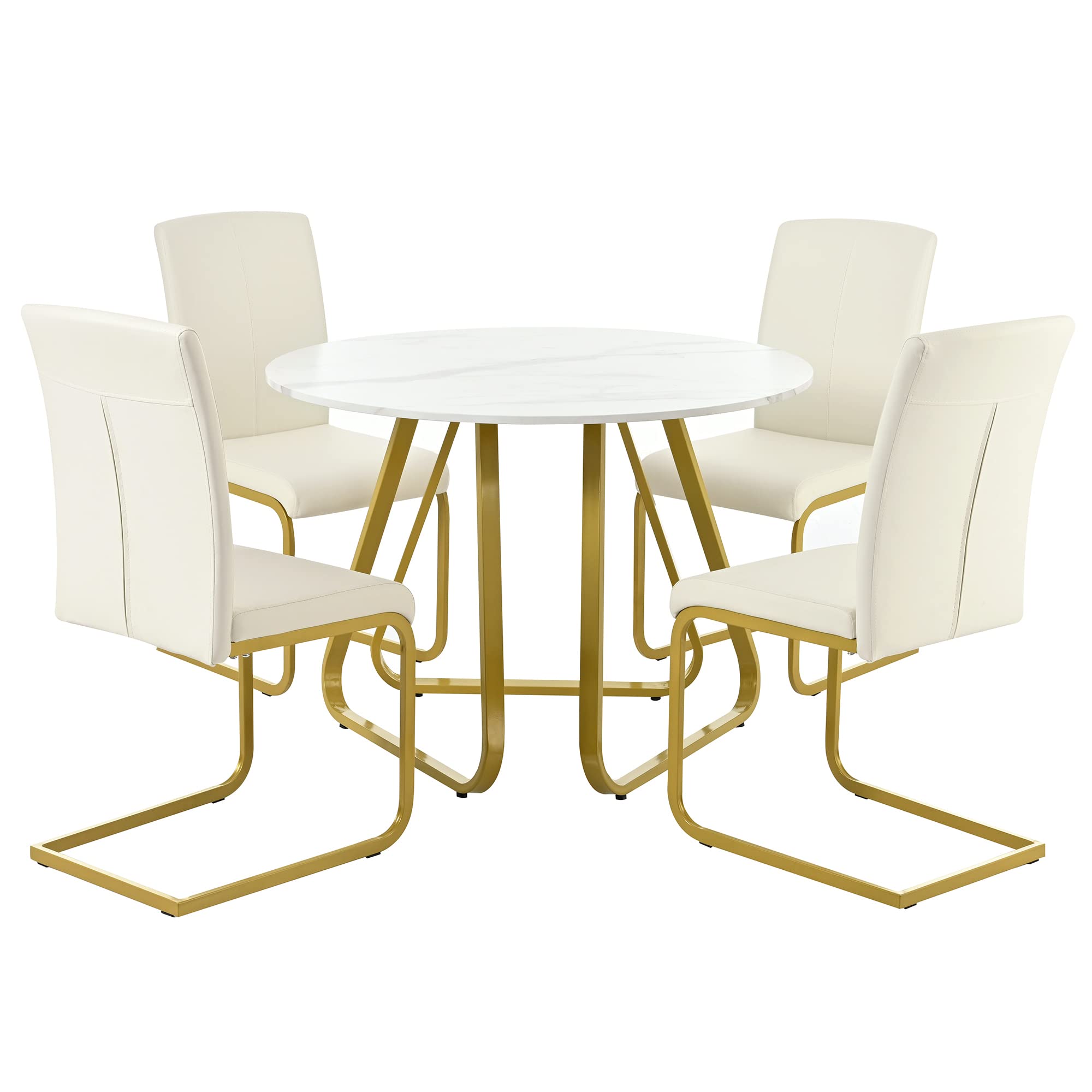 BIADNBZ 5-Piece Round Table Set for 4 with Faux Marble Tabletop and Four Chairs with Metal Legs for Dining, Kitchen&Living Room, White