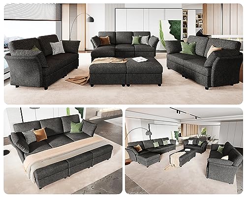 VanAcc Sectional Couch, Modular Sectional Sofa, 6 Seats Sofa- U Shaped sectional with Ottomans, Reversible Sofa Couch for Living Room, Grey Chenille