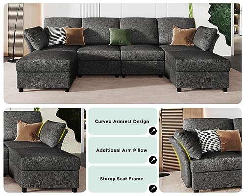 VanAcc Sectional Couch, Modular Sectional Sofa, 6 Seats Sofa- U Shaped sectional with Ottomans, Reversible Sofa Couch for Living Room, Grey Chenille