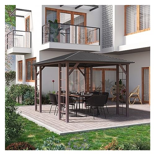 10' x 12' Permanent Gazebo Canopy, Adjustable Metal Roof Hardtop Gazebo, Hardtop Gazebo with Waterproof Metal Roof and Wood Grain Metal Frame for Porch Party, Garden, Grill Gazebo