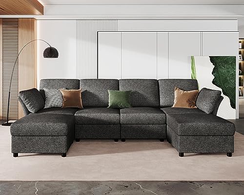 VanAcc Sectional Couch, Modular Sectional Sofa, 6 Seats Sofa- U Shaped sectional with Ottomans, Reversible Sofa Couch for Living Room, Grey Chenille