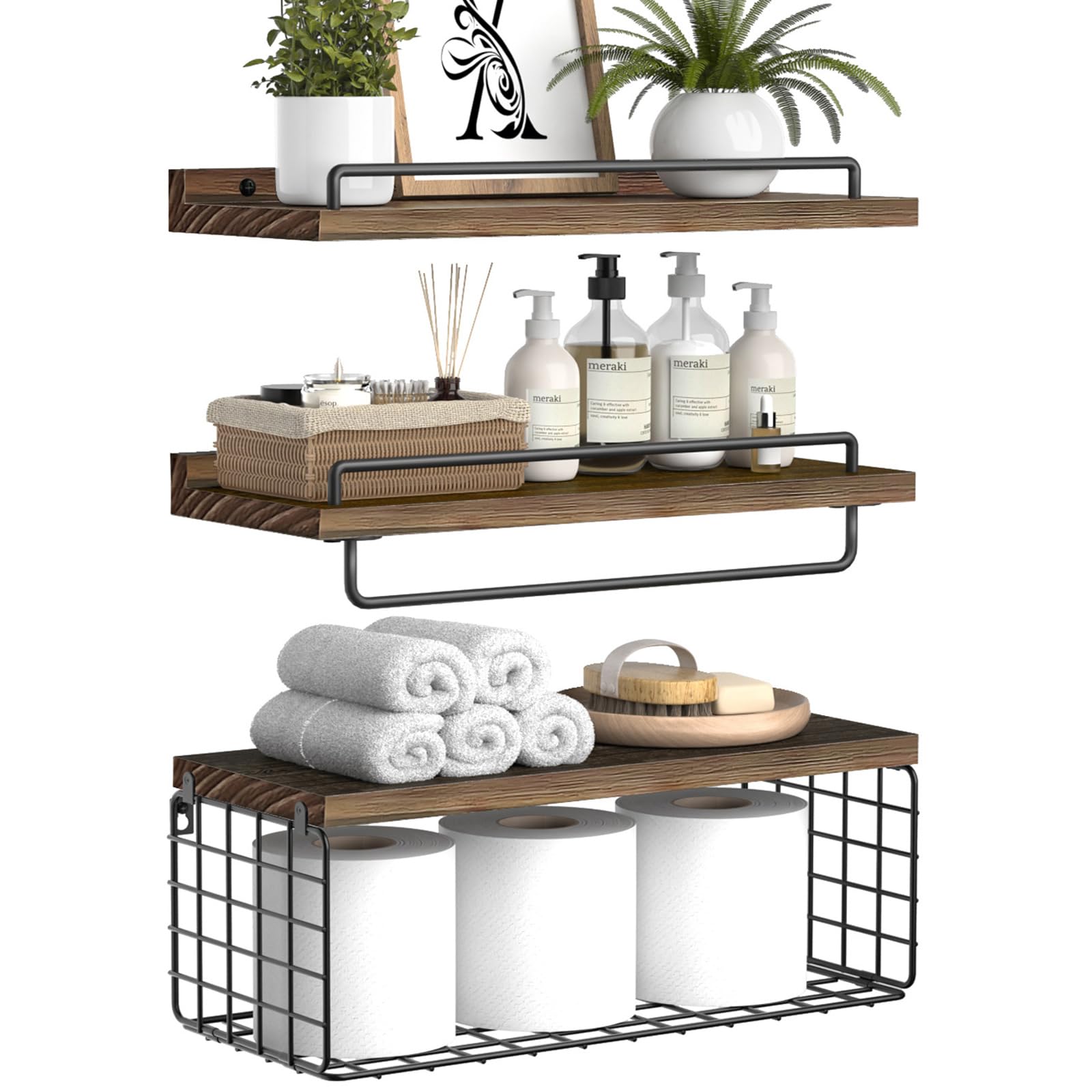 RYOFOBETTO Bathroom Shelves, Floating Shelves Over Toilet Paper Holder, Wall Mounted Rustic Wood Storage Basket Shelves for Bedroom, Living Room & Kitchen, Set of 3 (Brown)