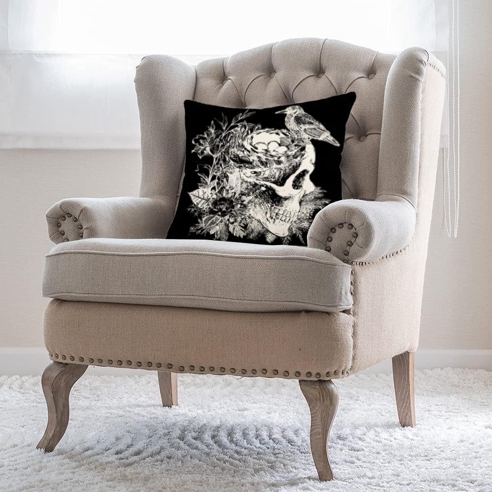 Halloween Decoration Pillow Covers 20x20 Inch Skull Black White Pillow Cases Death Skeleton Floral Bird Crow Modern Urban Retro Hand Drawn Pattern Cushion Covers Decorative Pillows for Home Room Sofa