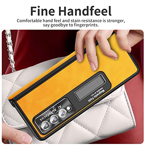 Soyeacrg Case for Samsung Galaxy Z Fold 5, Magnetic Hinge Protection Luxury Genuine Italian Nappa Leather Ultra-Thin Slim Fit Full Protection Case for Samsung Z Fold 5 2023,Yellow