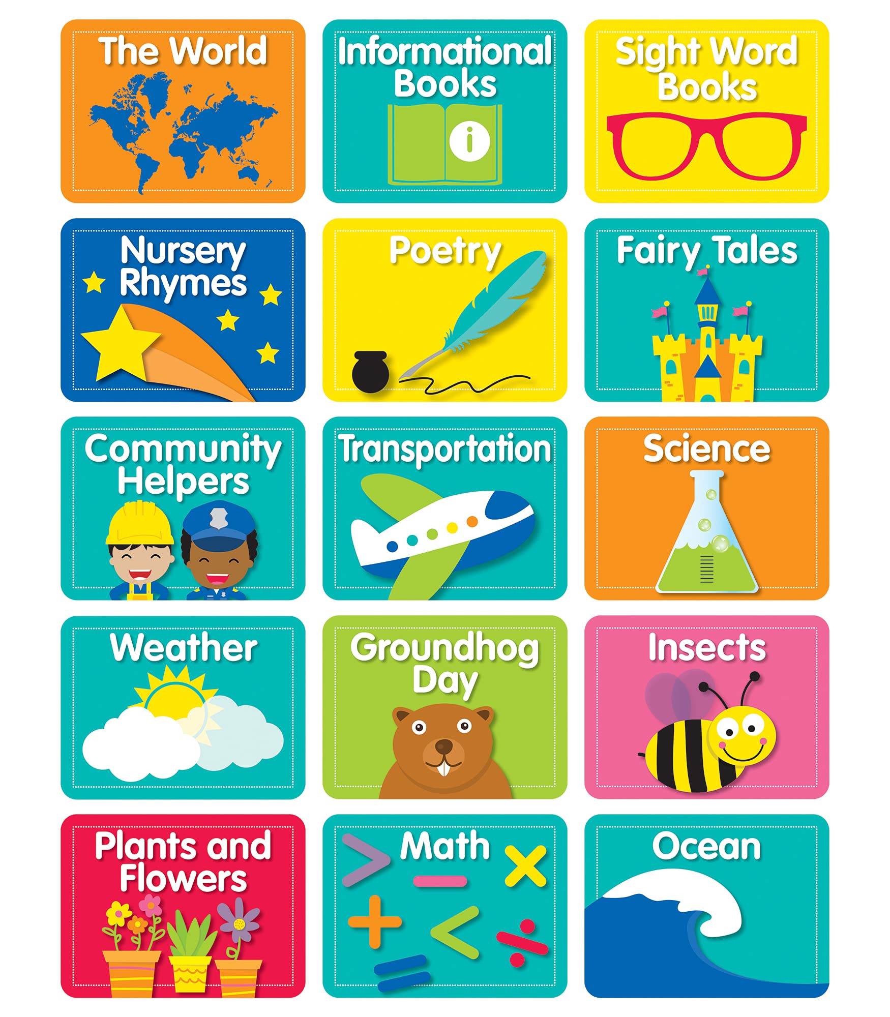 Schoolgirl Style - Just Teach | Library Labels Colorful Cut-Outs, Classroom Décor, 45 Pieces