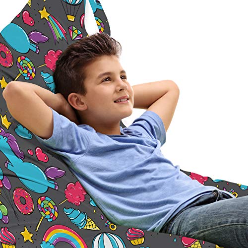 Lunarable Cartoon Lounger Chair Bag, Fantasy Unicorn Balloons Candies Bagels Ice Cream Hearts Rainbows Cartoon Theme, High Capacity Storage with Handle Container, Lounger Size, Multicolor