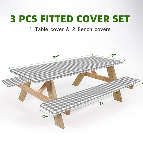 UMINEUX Picnic Table Cover with Bench Covers Fitted Table Clothes for 6 Foot Rectangle Tables Vinyl Flannel Backing with Elastic Edge -for Outdoor/Indoor Party&Dining(30x72 Inch,3-Pieces, Gray Plaid)