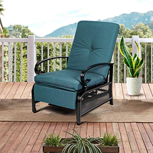 Crownland Outdoor Furniture Automatic Adjustable Patio Recliner Chair with Metal Frame and Water Resistant Cushion for Sunbathing (Peacock Blue)