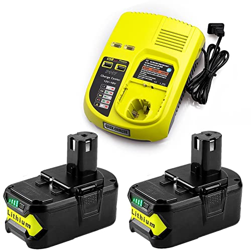 2Pack 6.0Ah 18V Li-ion Battery & Charger Compatible with Ryobi 18-Volt ONE Plus P108 P107 P102 P103 P104 P117 Charging Station Starter Kit