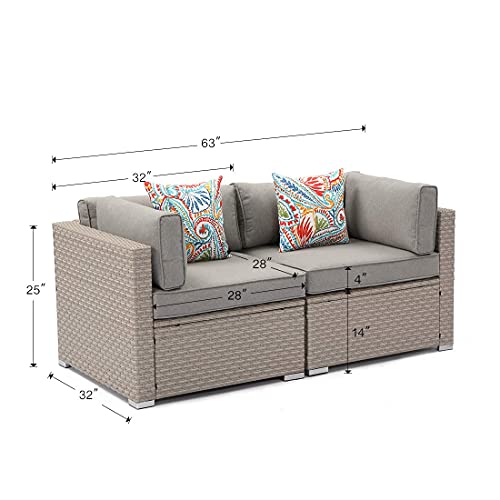 COSIEST 2-Piece Outdoor Furniture Loveseat Wicker Sectional Sofa Set w Warm Gray Thick Cushions, 2 Floral Fantasy Pillows for Garden, Pool, Backyard
