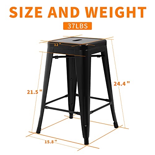 HCY Metal Dining Chairs Metal Bar Stools Kitchen Chairs 24 Inches Patio Chairs Set of 4 Stackable Chair for Indoor Outdoor (Black)