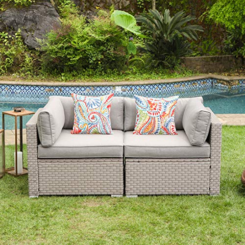 COSIEST 2-Piece Outdoor Furniture Loveseat Wicker Sectional Sofa Set w Warm Gray Thick Cushions, 2 Floral Fantasy Pillows for Garden, Pool, Backyard